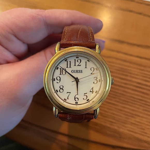 Guess | Accessories | Brown Leather Guess Watch With Gold Color Detail ...